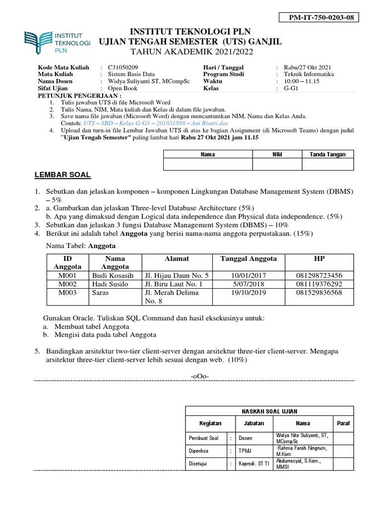 Soal UTS - Sistem Basis Data - Kelas G-G1 - Widya Suliyanti - 27 Okt 2021 Jam 10.00 | PDF