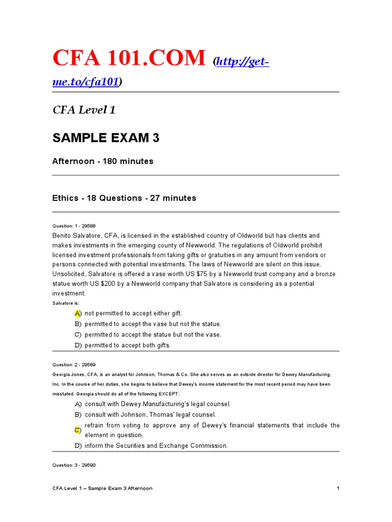 Sample Exam 3: CFA Level 1 | PDF | Coefficient Of Variation | Expense