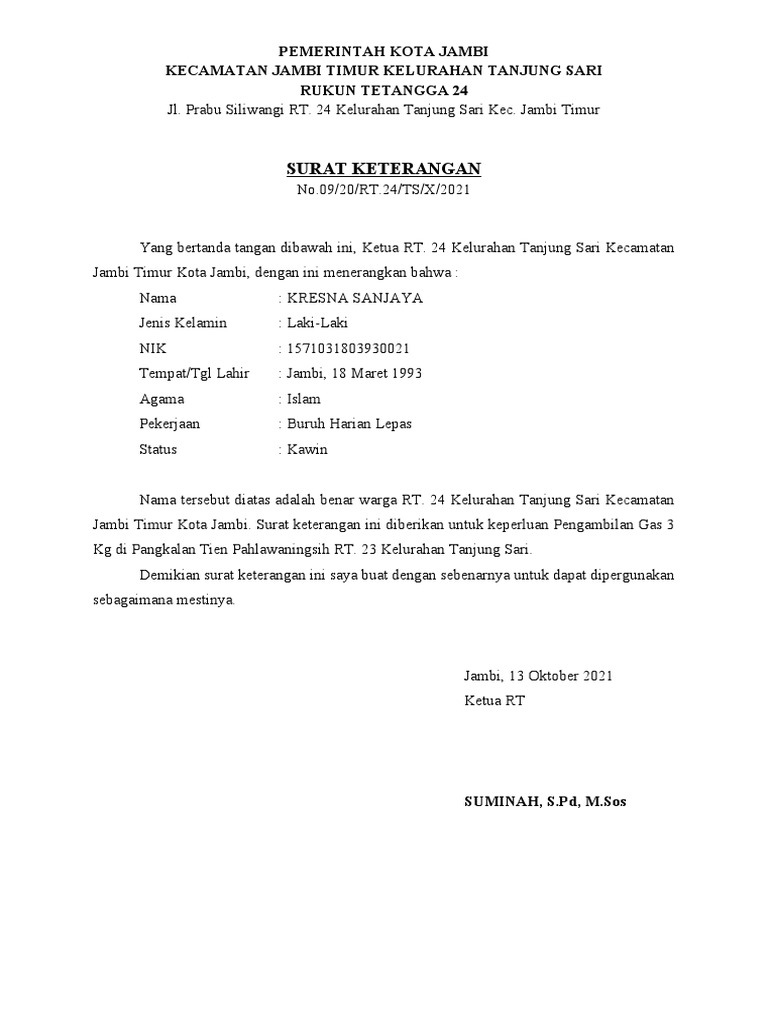 Surat Keterangan RT 24 | PDF