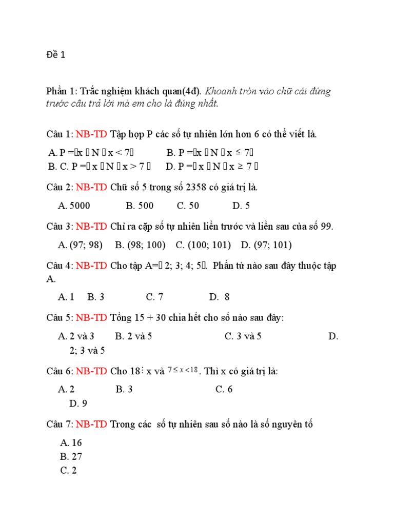 đề toán lớp 6 GK1 | PDF
