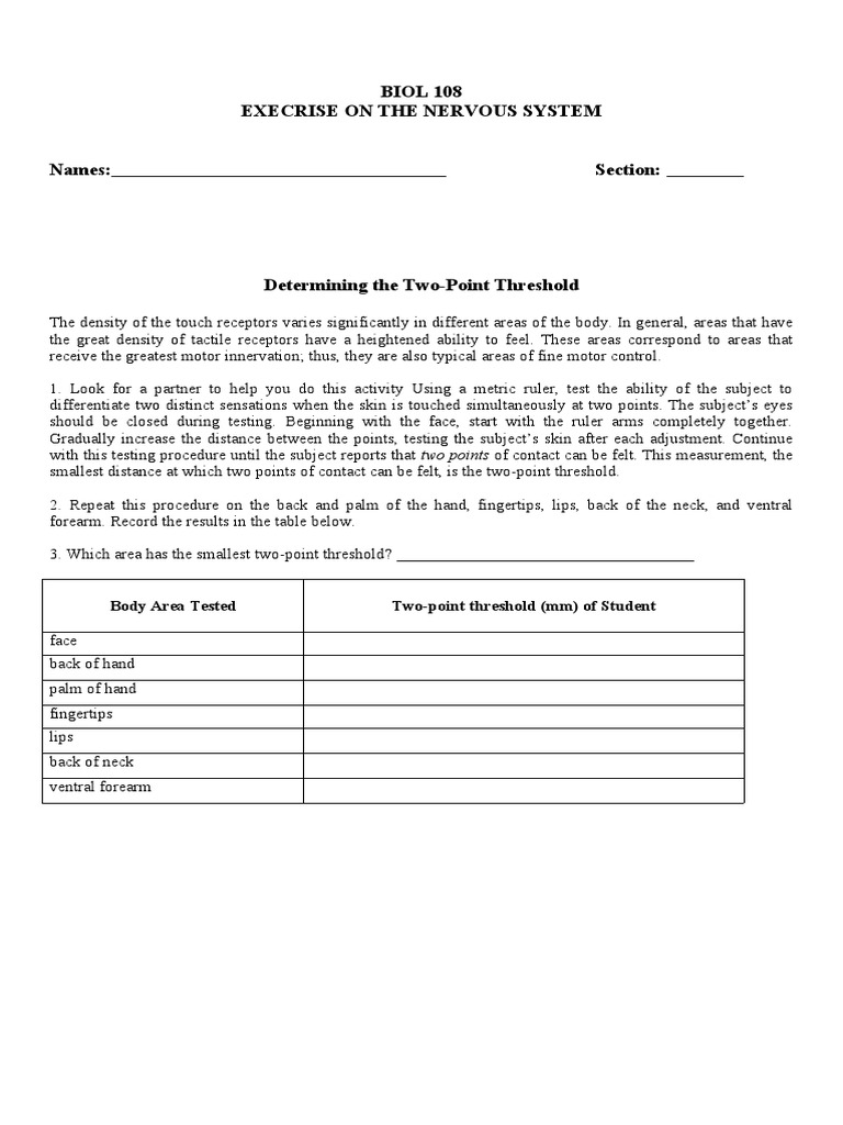 BIOL 108 Execrise On The Nervous System: Body Area Tested Two-Point ...
