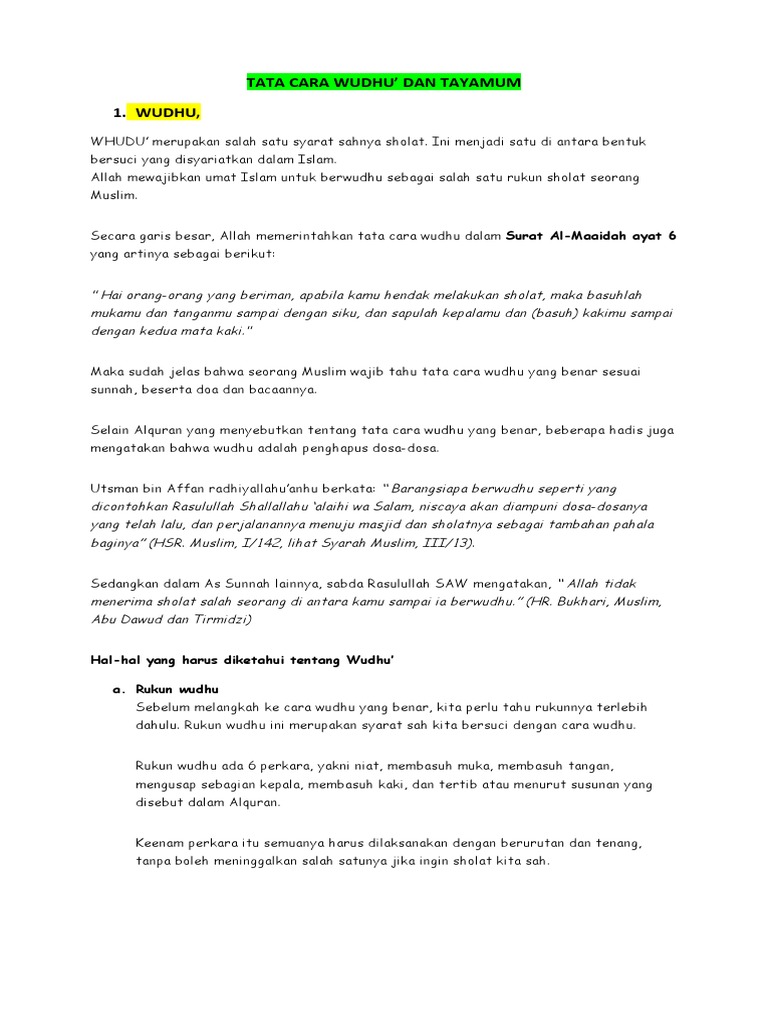 TATA CARA WUDHU Dan TAYAMUM | PDF