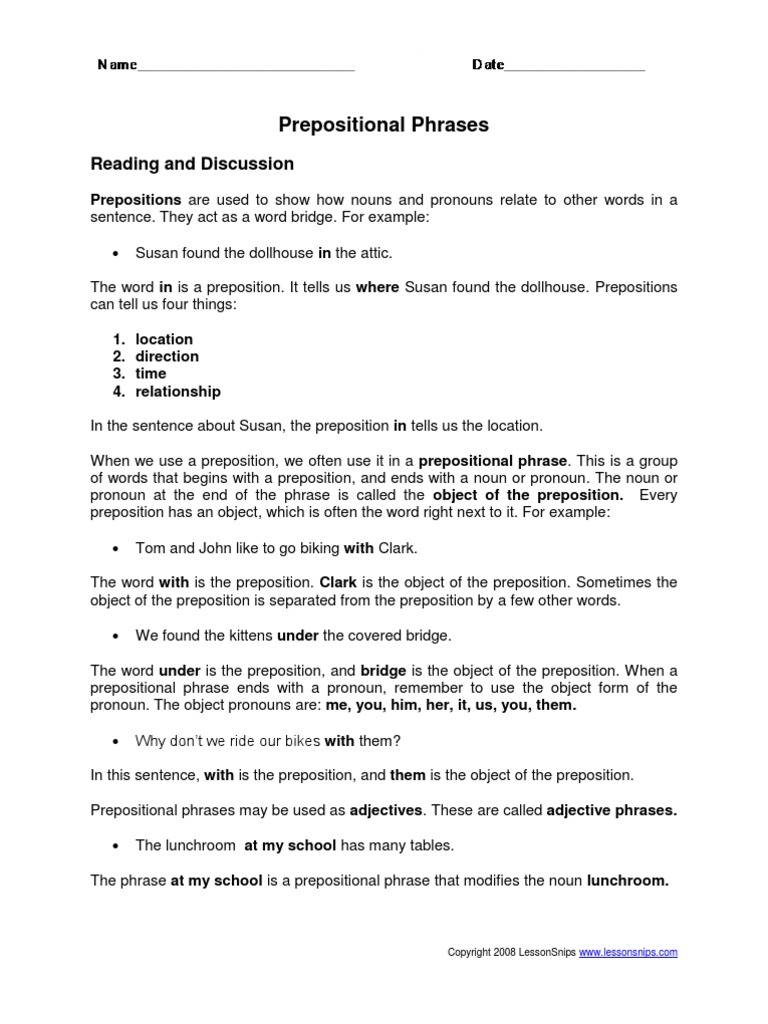 Prepositional Phrases Pdf Preposition And Postposition Noun