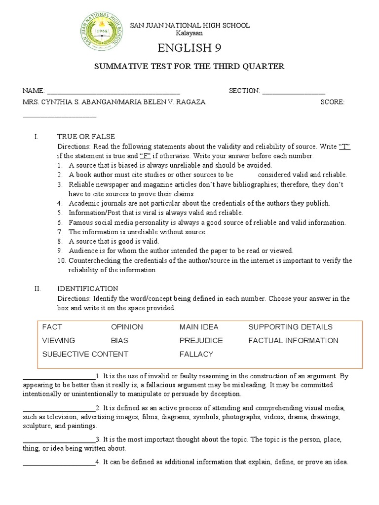 Summative Test English 9 3rd Grading | PDF | Fallacy | Epistemology