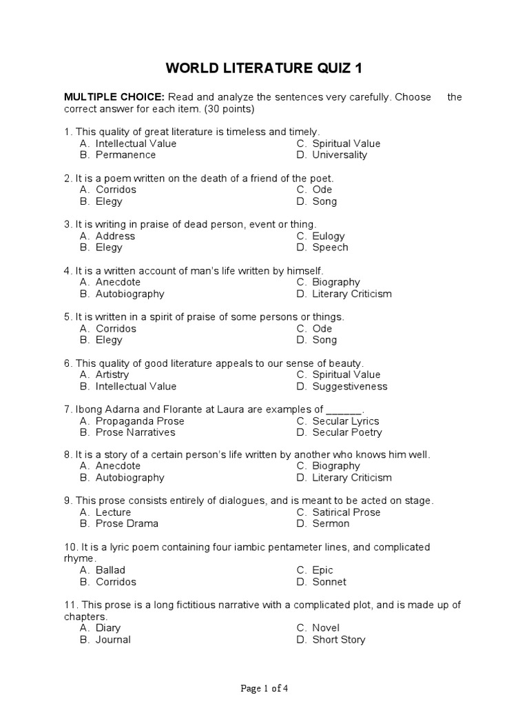 World Lit Quiz 1 | PDF | Poetry | Narrative