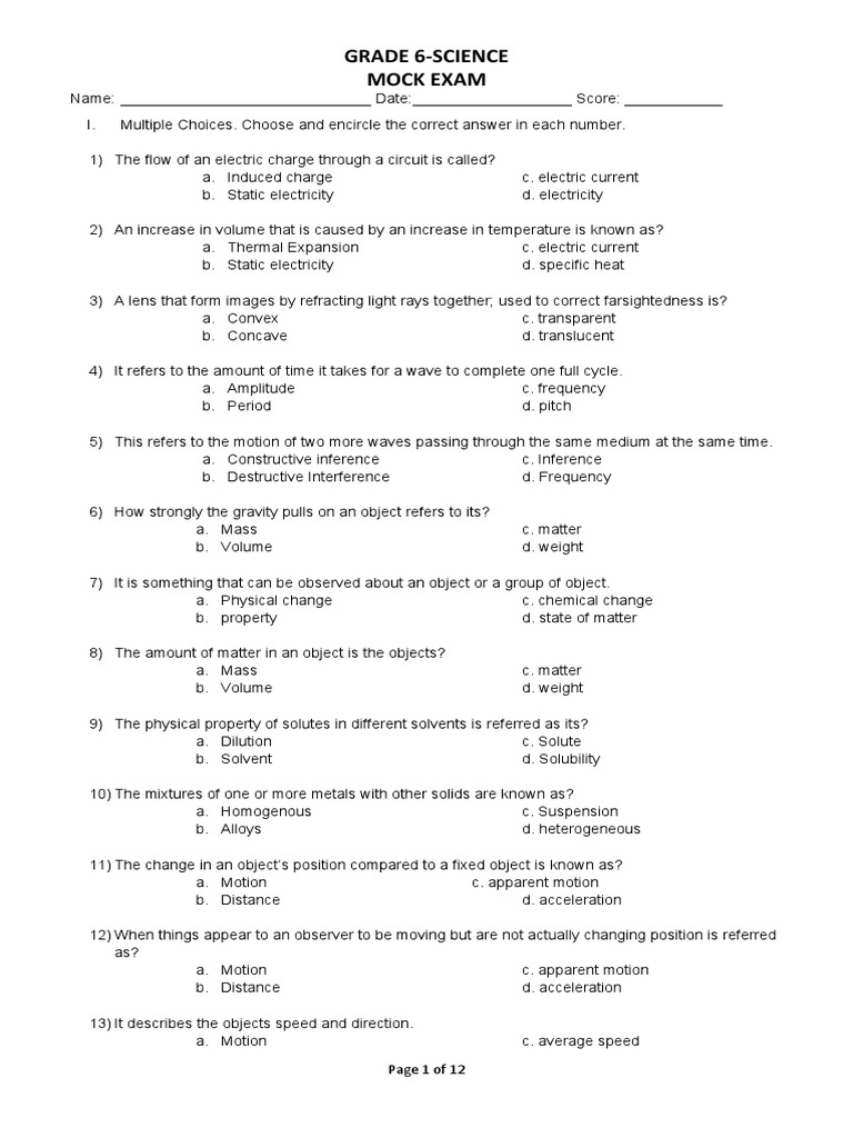 Science Grade 6 Mock Exam | PDF | Force | Chemical Elements