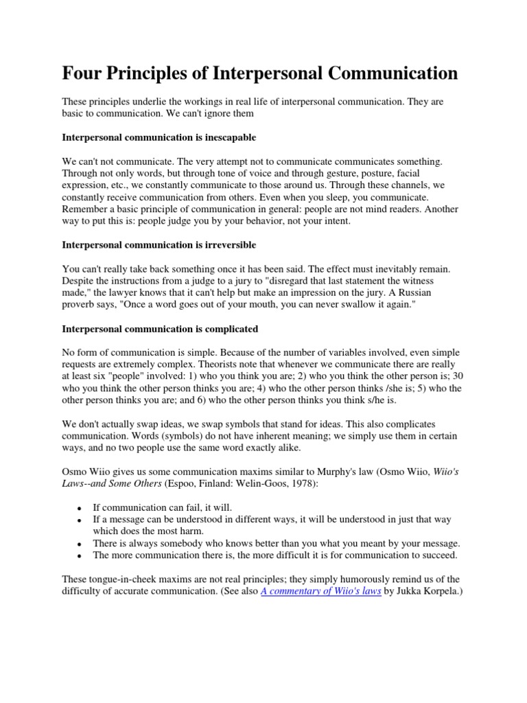 Four Principles of Interpersonal Communication Handout net ...