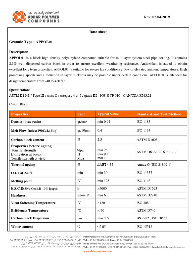 APPOL01 High Density Polyethylene Data Sheet | PDF | Polyethylene ...