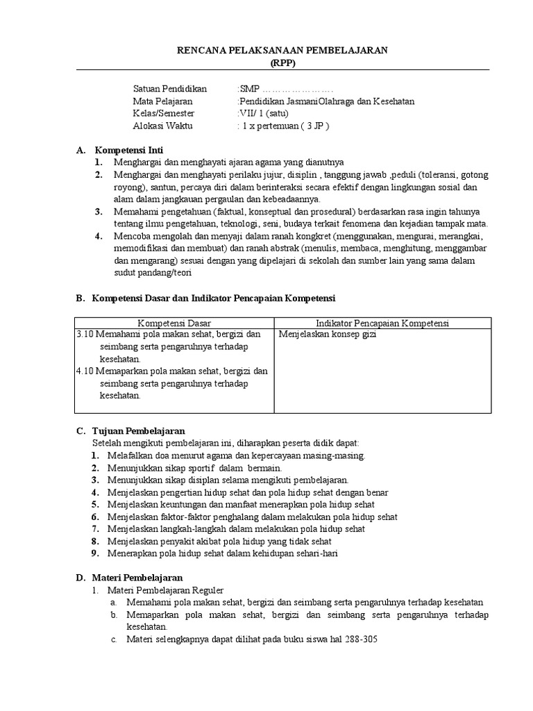 RPP PJOK Kelas VII: Pola Makan Sehat | PDF | Karier & Perkembangan ...