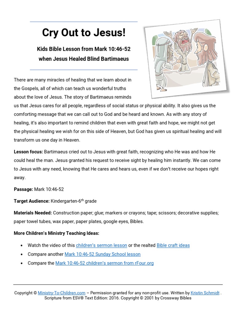 Kids Bible Lesson Blind Bartimaeus Healed Mark 10-46-52 | PDF | Jesus ...