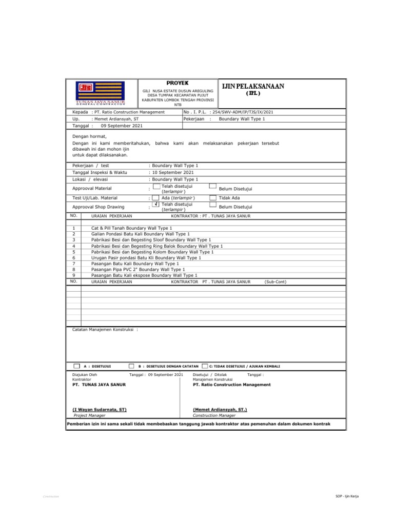 Ijin Pelaksanaan: Proyek (Ipl) | PDF