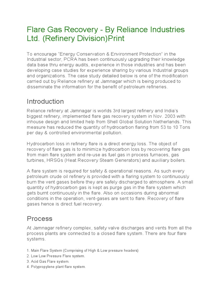 Flare Gas Recovery at Reliance Refinery | PDF | Oil Refinery | Gases