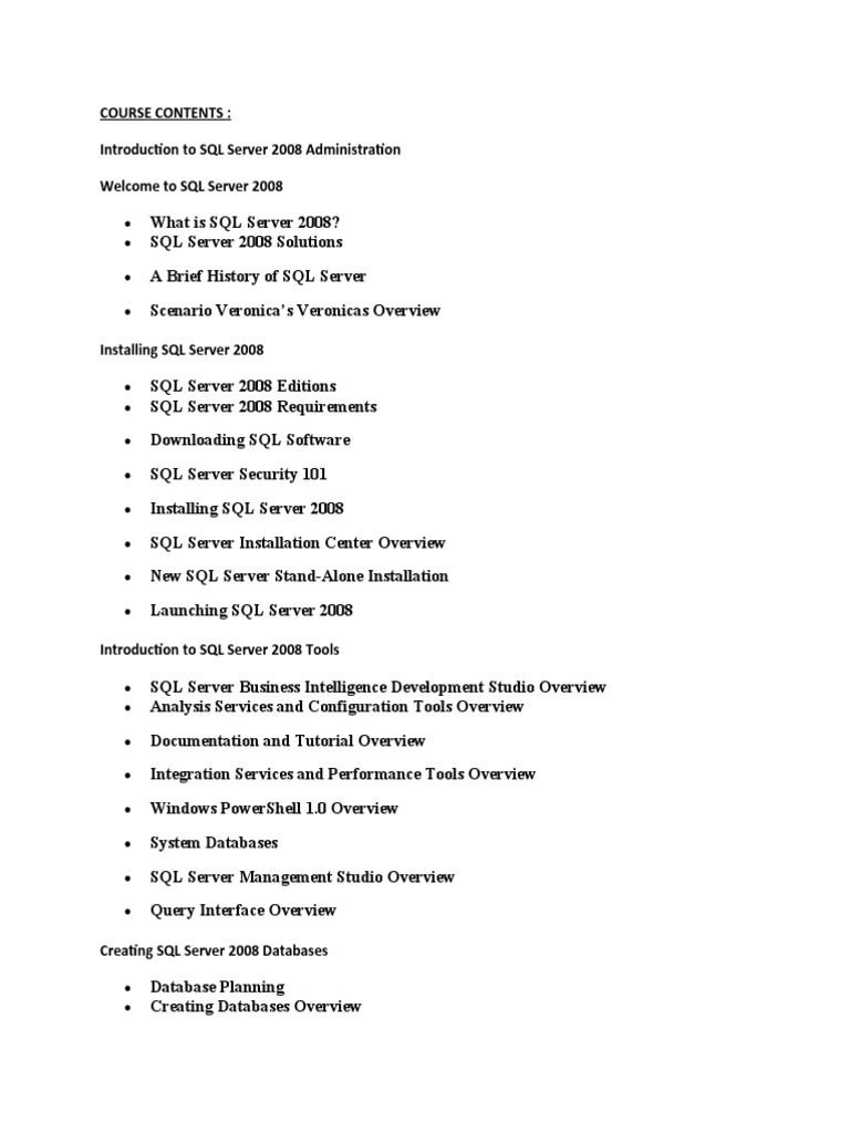 Course Contents Introduction To Sql Server 2008 Administration Welcome To Sql Server 2008 Pdf