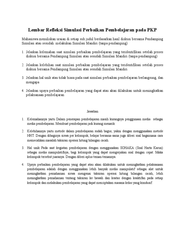 Lembar Refleksi Simulasi Perbaikan Pembelajaran PKP | PDF