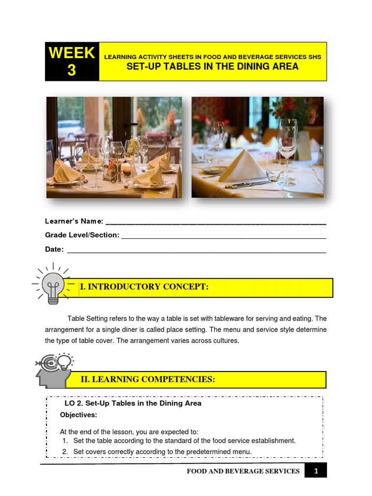 Week 3: Set-Up Tables in The Dining Area | PDF | Tableware | Menu