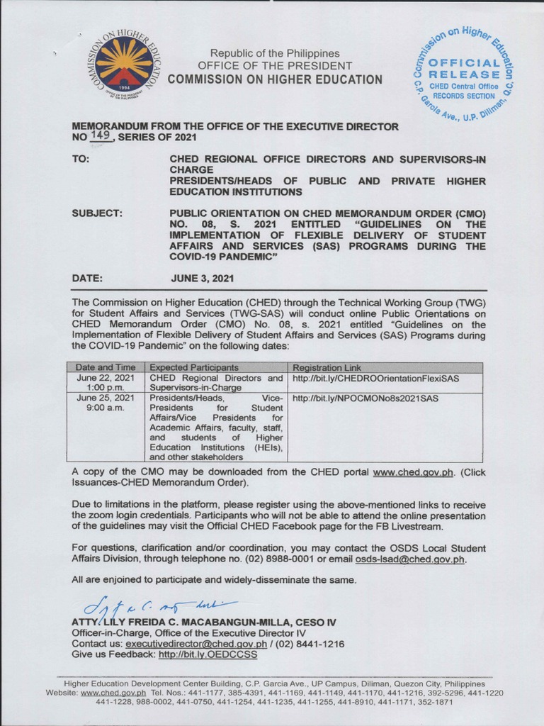 Public Orientation On Ched Memorandum Order Cmo No. 08 S. 2021 Entitled ...