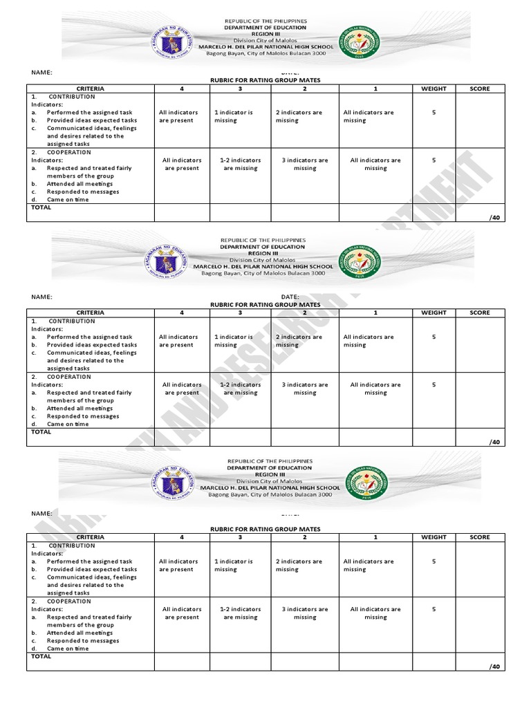 Rubric For Rating Group Mates Criteria 4 3 2 1 Weight Score | PDF ...