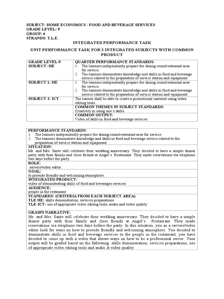 Integrated Performance Task | PDF | Restaurants | Learning