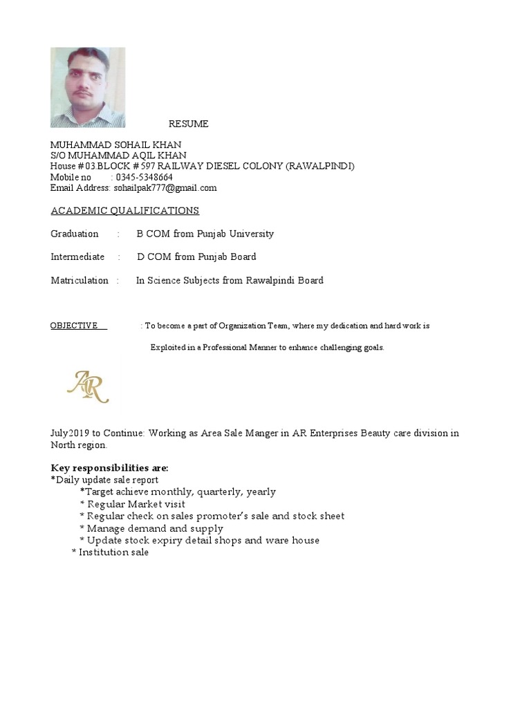 Resume Muhammad Sohail Khan S/O Muhammad Aqil Khan House # 03.block ...