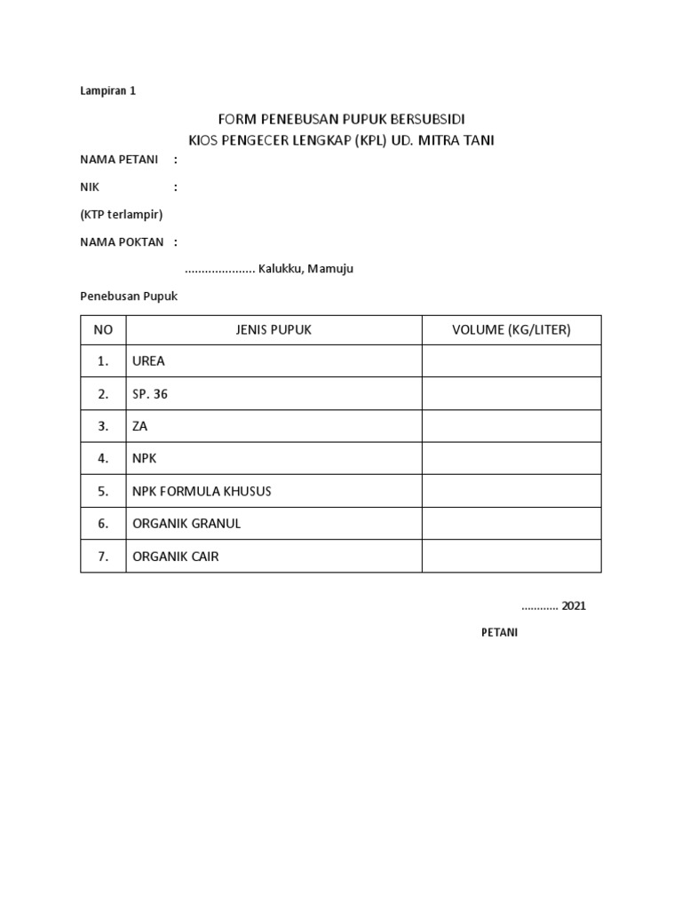 Form Penebusan Pupuk Bersubsidi | PDF