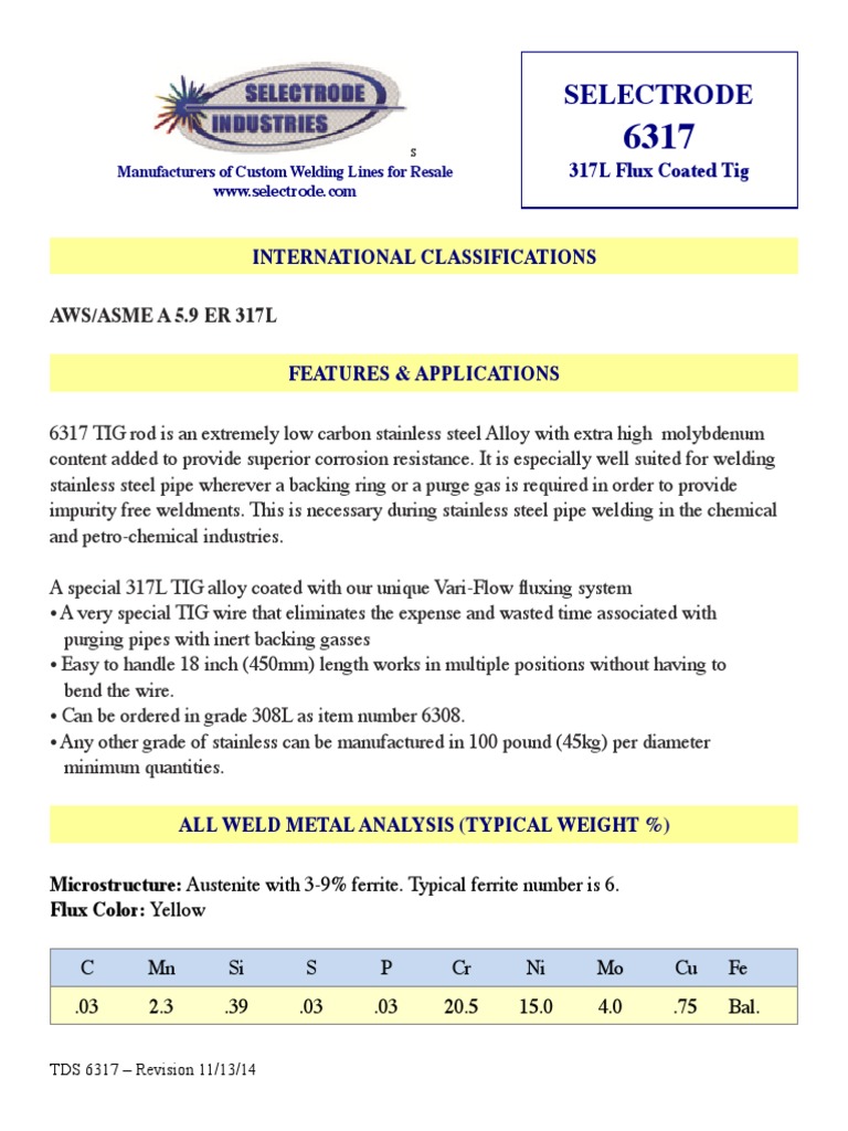 Selectrode: 317L Flux Coated Tig | PDF | Stainless Steel | Construction