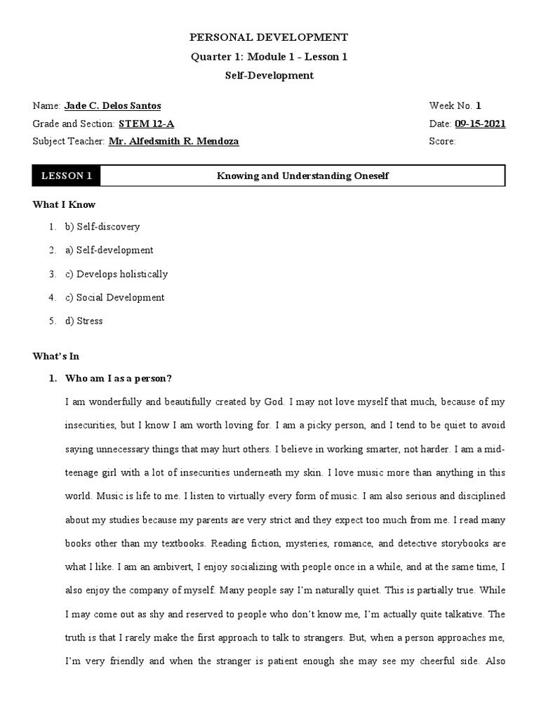 Personal Development Quarter 1: Module 1 - Lesson 1 Self-Development ...