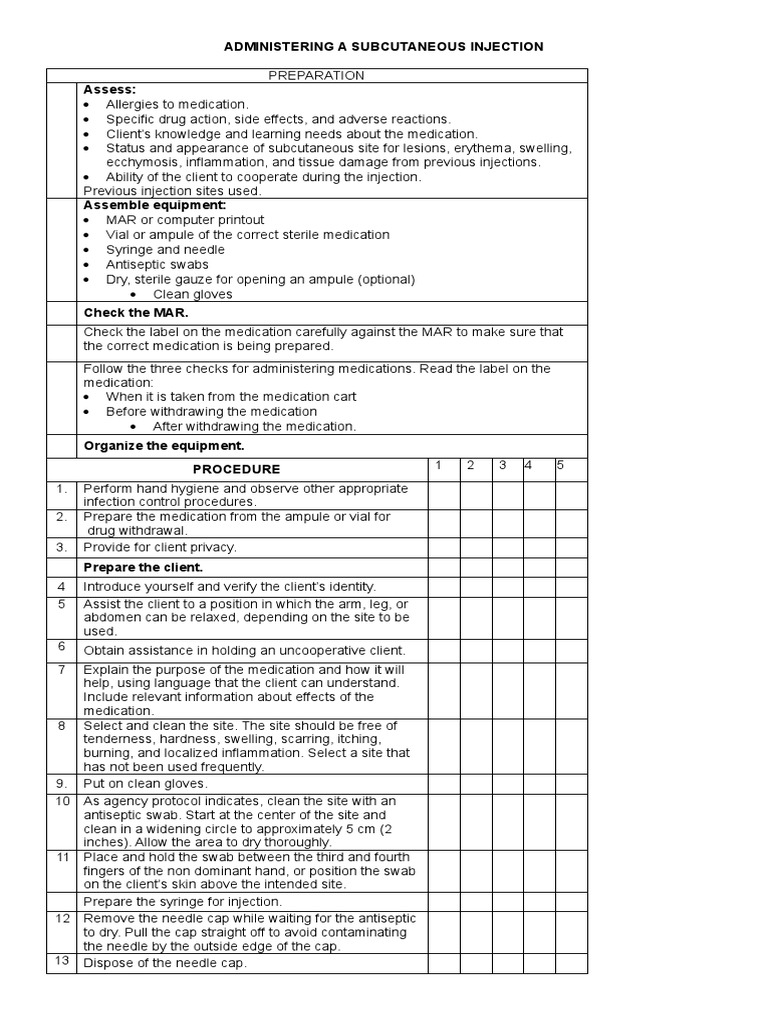 Administering A Subcutaneous Injection | PDF | Injection (Medicine ...
