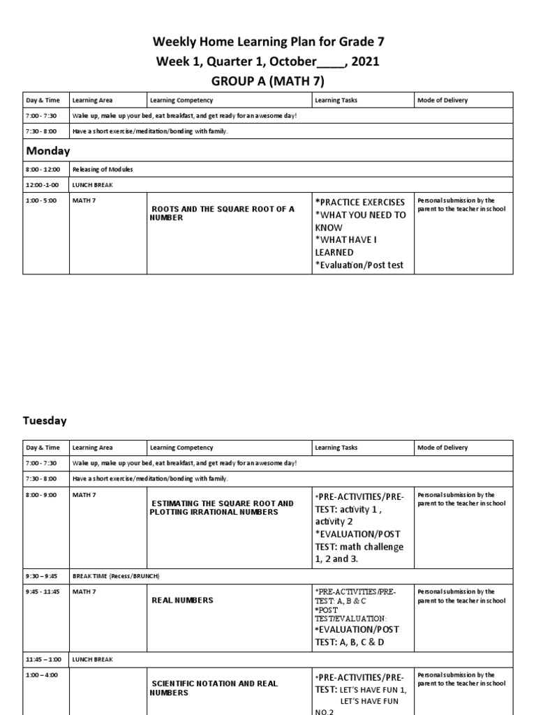 Weekly Home Learning Plan MATH 7 | PDF | Applied Psychology | Education ...