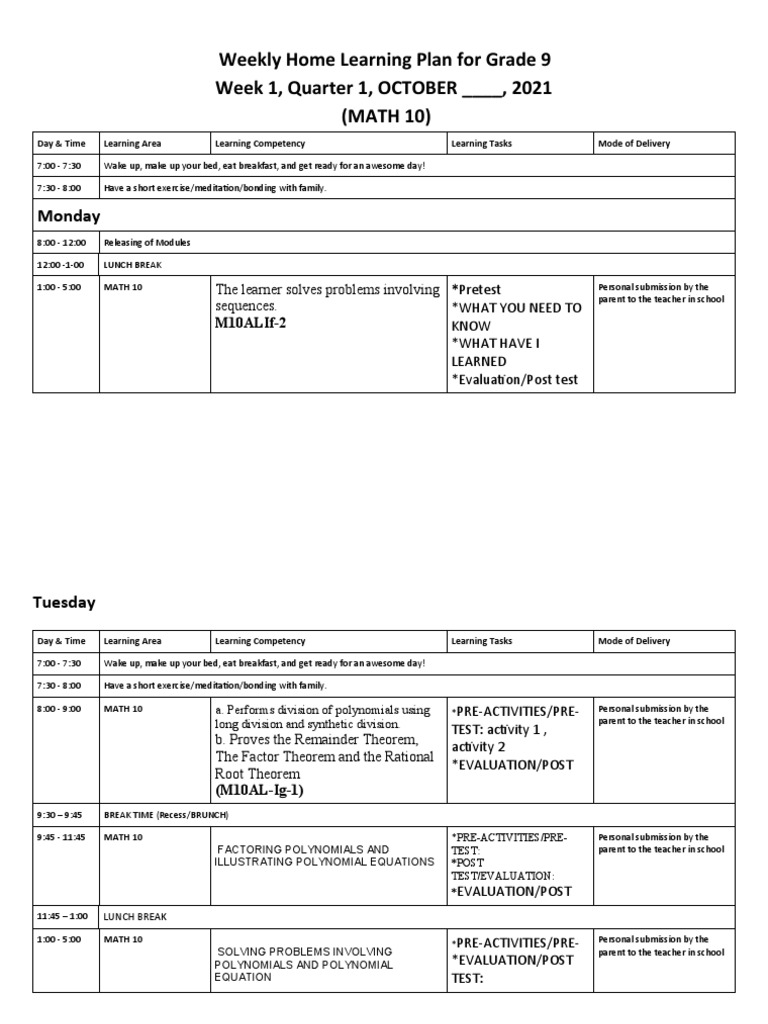 Grade 9 Home Learning Plan | PDF | Polynomial | Factorization