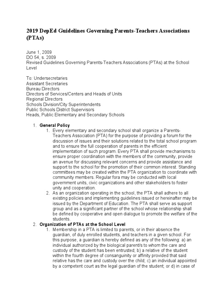 2019 Deped Guidelines Governing Parents-Teachers Associations (Ptas ...