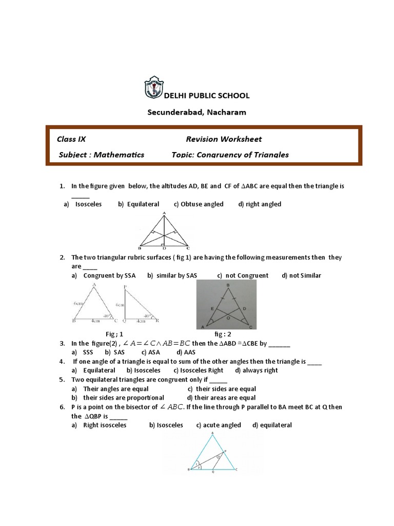 Class Ix Revision Worksheet Subject: Mathematics Topic: Congruency of Triangles | PDF | Triangle ...