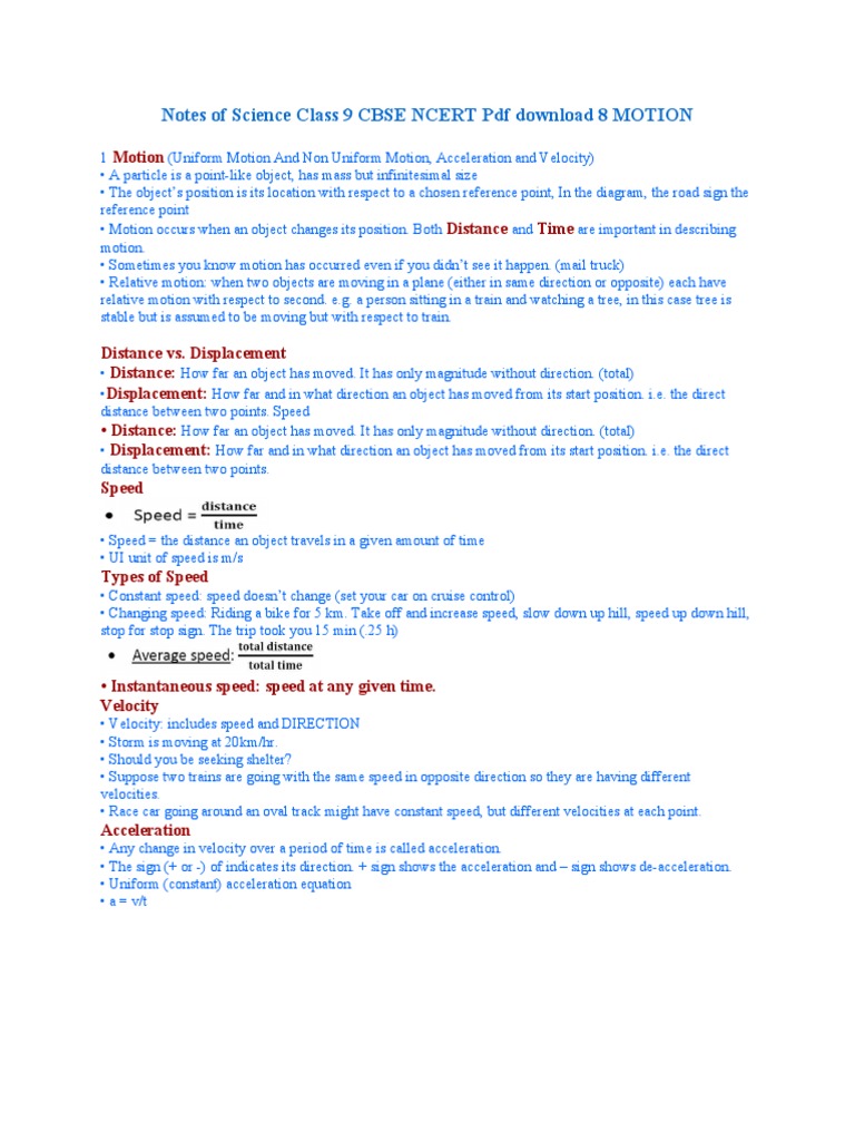 Notes of Science Class 9 MOTION | PDF | Acceleration | Velocity