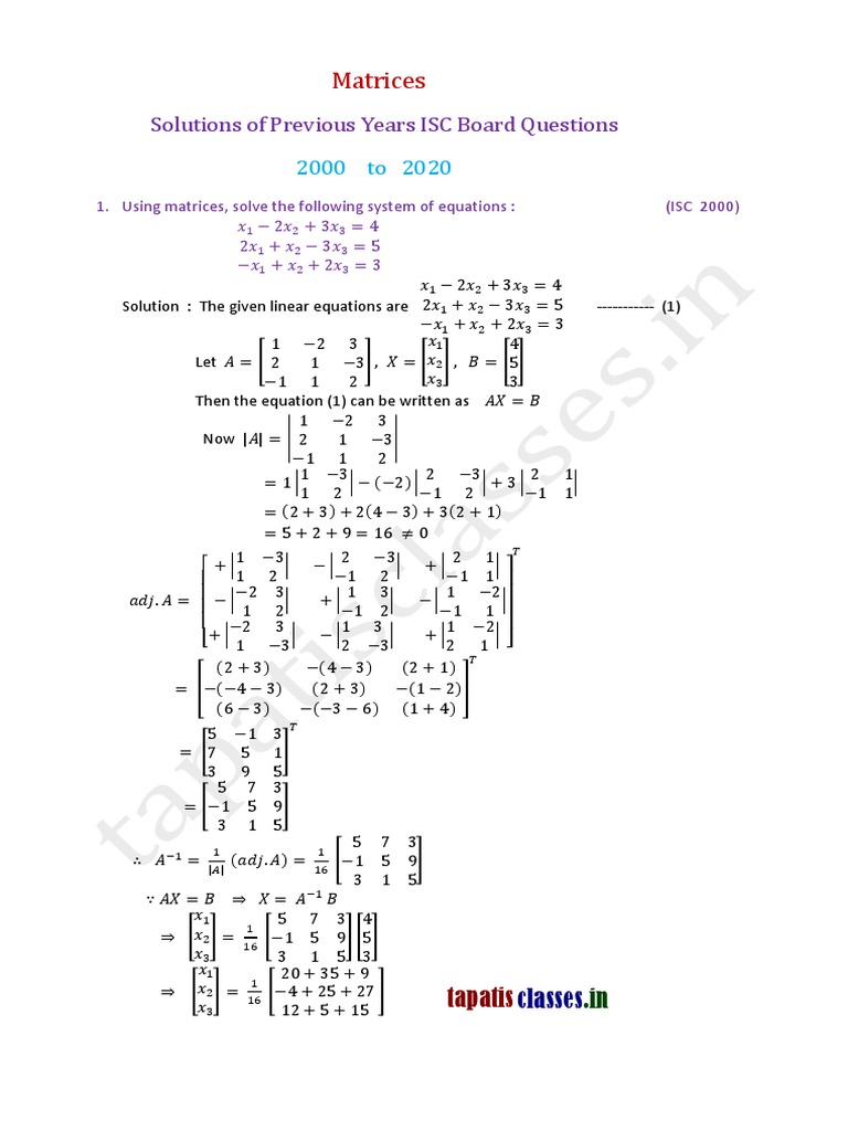 Matrices Previous Years Board Questions 2000 To 2020 With Solutions of ...