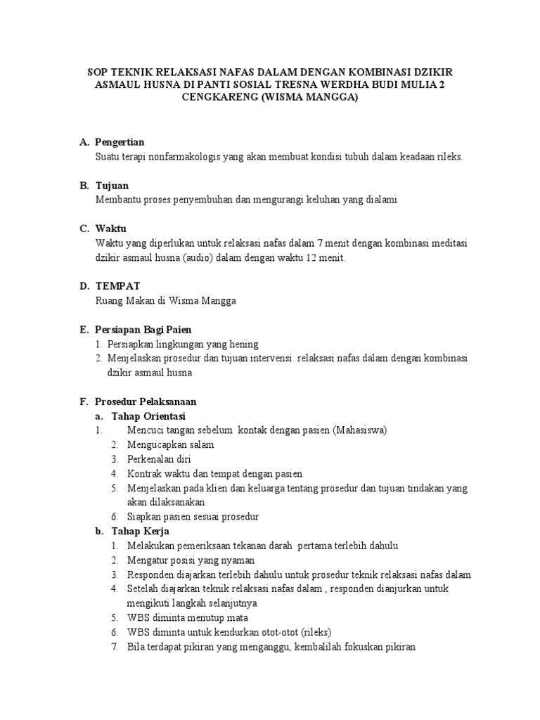 Sop Teknik Relaksasi Nafas Dalam Dengan Kombinasi Dzikir Asmaul Husna Di Panti Sosial Tresna ...