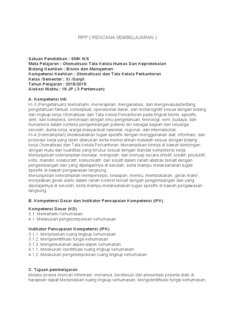 RPP Otkp Humas Dan Keprotokolan | PDF
