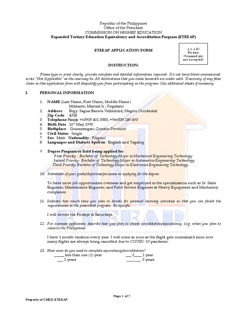 ETEEAP-Application-Form BT Major in MET TUP Manila | PDF | Academic ...
