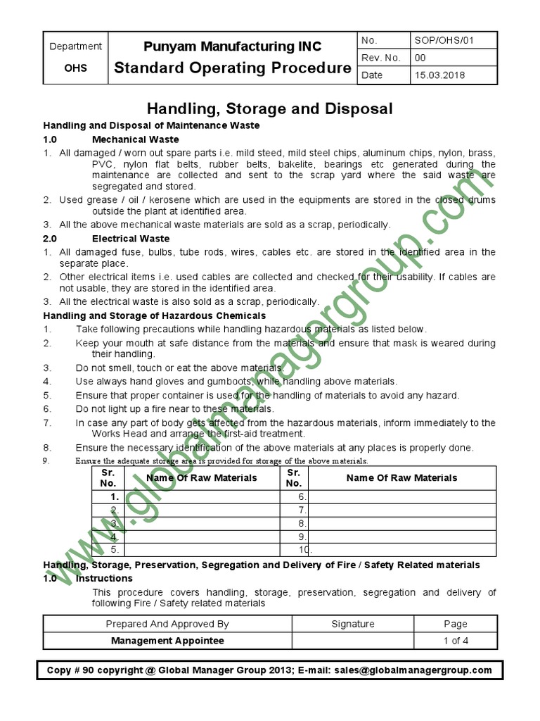 Standard Operating Procedure Handling, Storage and Disposal: Punyam ...