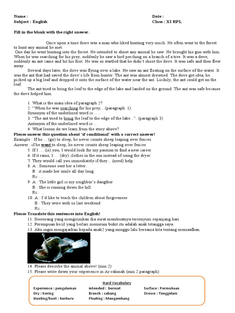 Name: Date: Subject: English Class: XI RPL Fill in The Blank With The ...