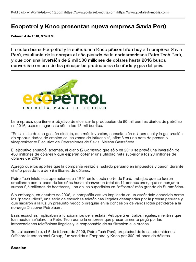 Ecopetrol y Knoc Presentan Nueva Empresa Savia Perú | PDF | Perú ...