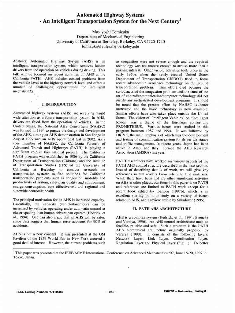 Automated Highway Systems An Intelligent Transportation System For The Next Century' | PDF ...