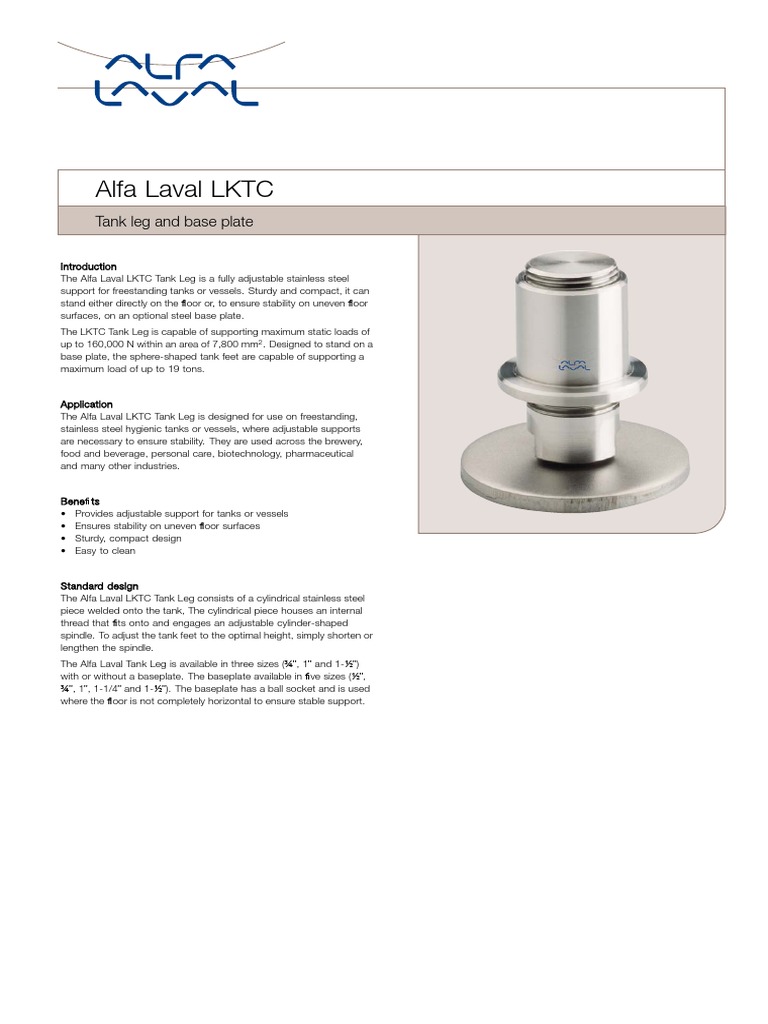 Alfa Laval LKTC: Tank Leg and Base Plate | PDF | Tripod (Photography ...