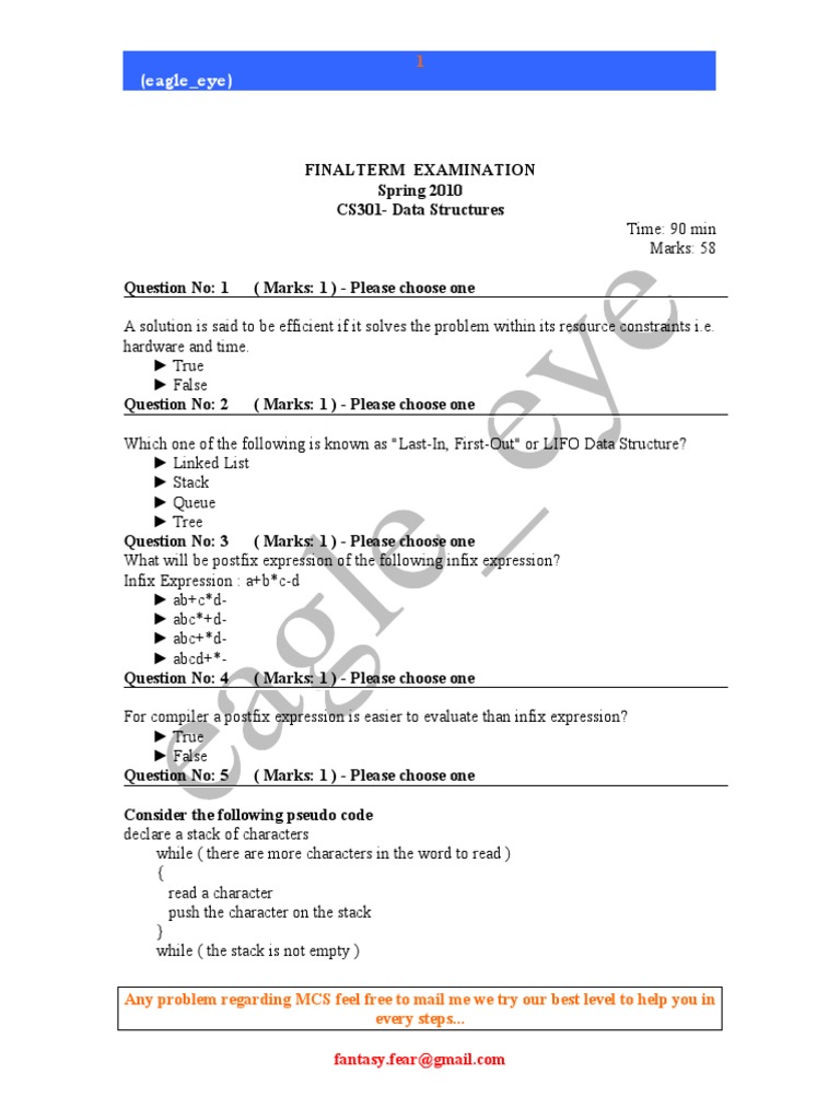 CS301 Data Structures Final Exam 2010 | PDF | Array Data Structure | Mathematical Logic
