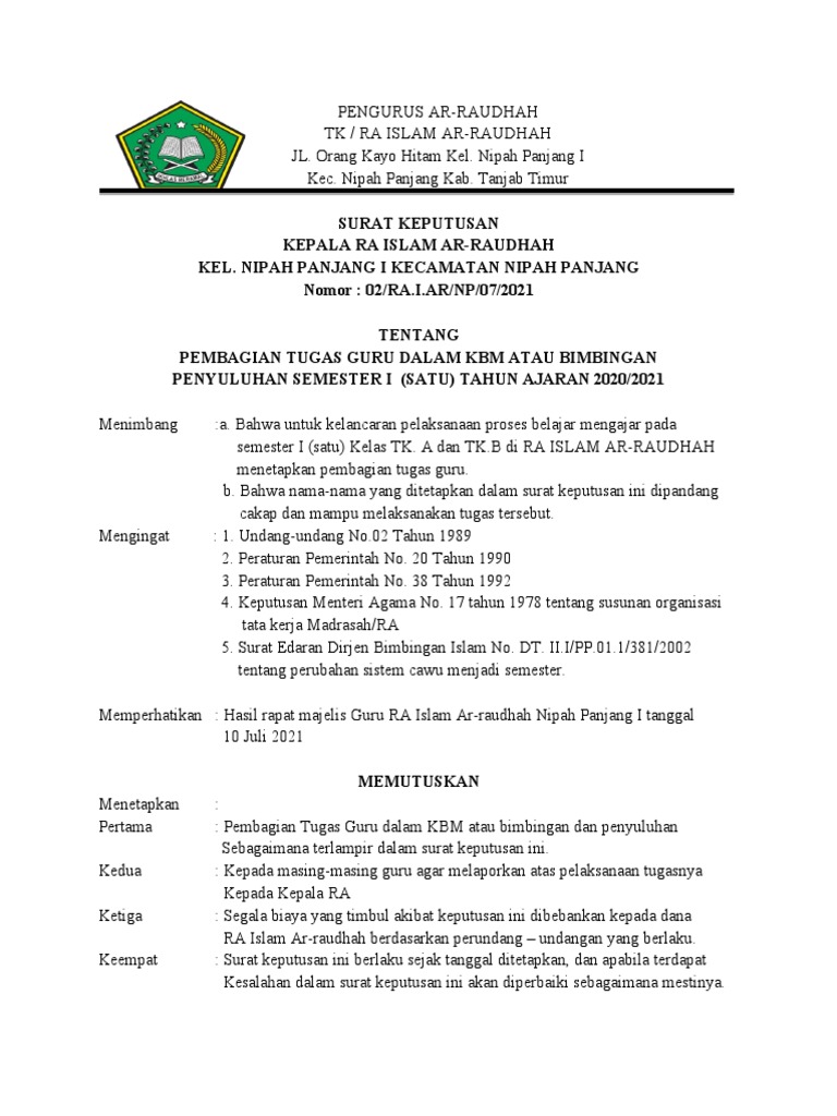 Pembagian Tugas Guru RA Ar-Raudhah | PDF