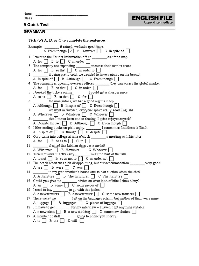 9 Quick Test: Grammar Tick ( ) A, B, or C To Complete The Sentences | PDF