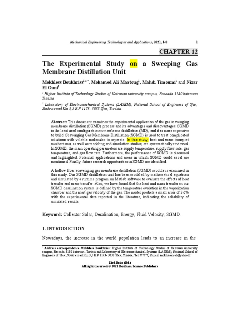 The Experimental Study On A Sweeping Gas Membrane Distillation Unit | PDF | Fluid Dynamics | Gases