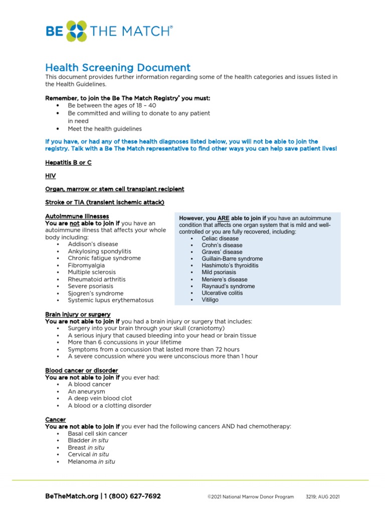 Health Screening Document 2021-08-20 | PDF | Autoimmune Disease | Cancer