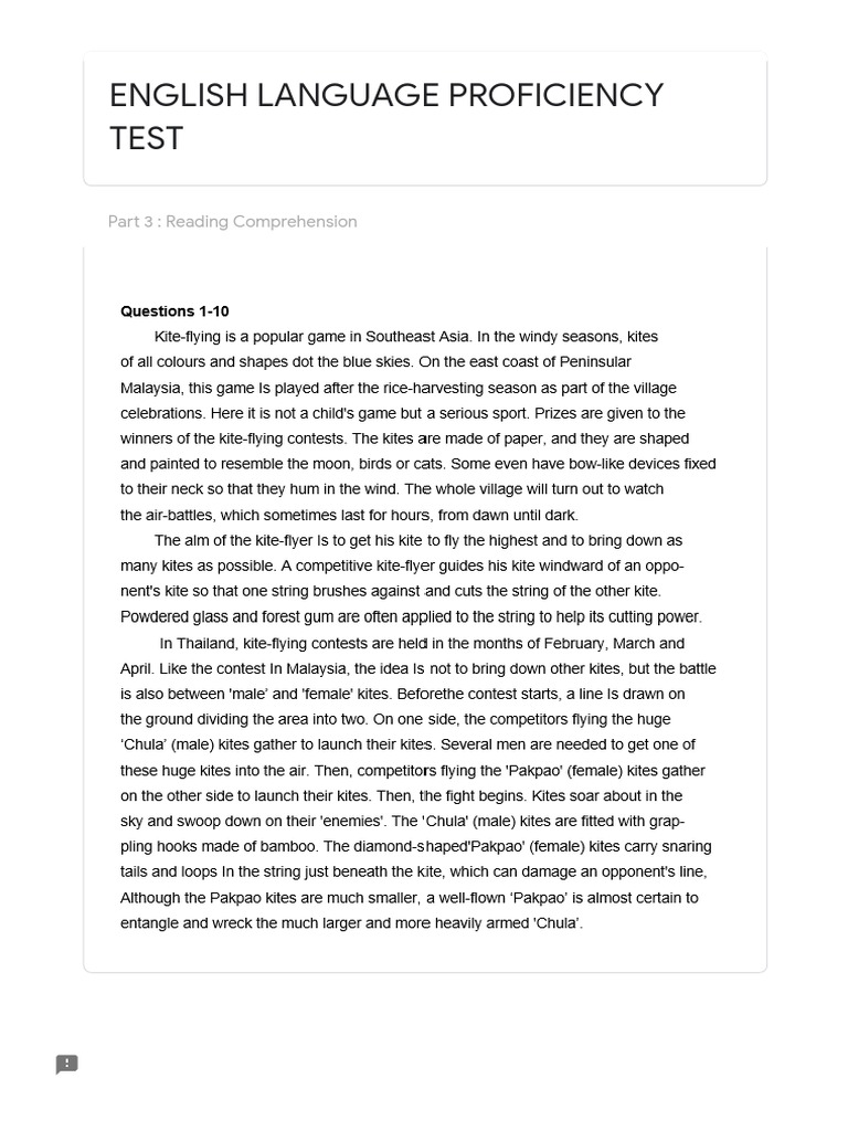 English Language Proficiency Test-Reading | PDF | Kite | Mail