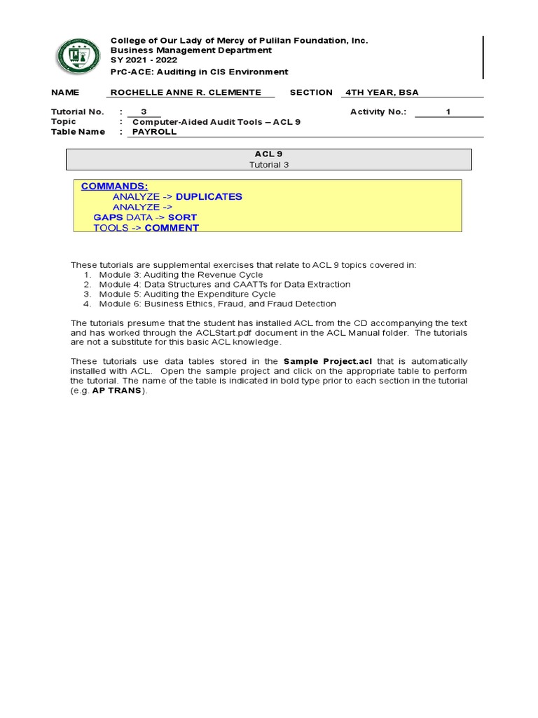 Tutorial No.: 3 Activity No.: 1 Topic: Computer-Aided Audit Tools - ACL ...