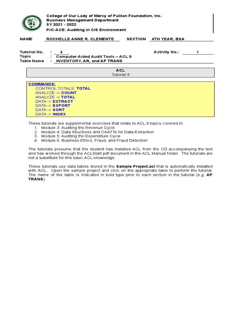 Tutorial No.: 4 Activity No.: 1 Topic: Computer-Aided Audit Tools - ACL 9 Table Name: Inventory ...