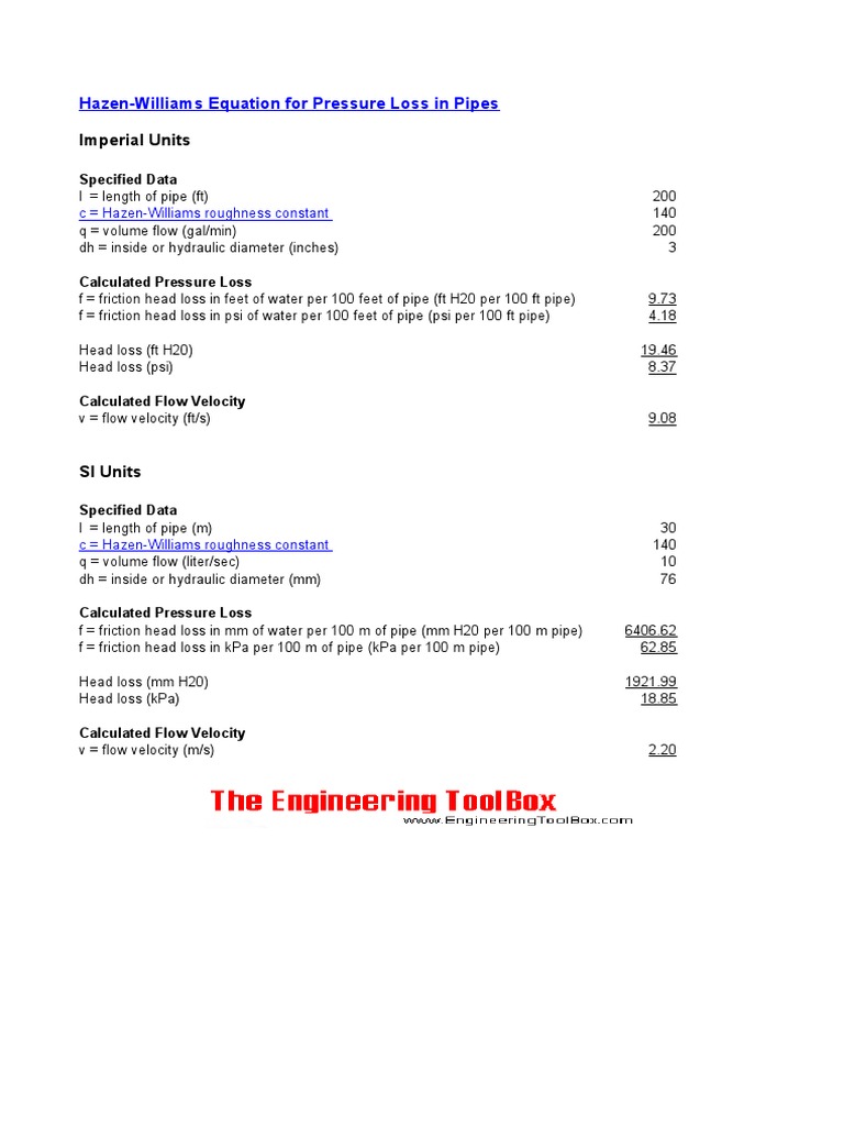 Imperial Units: Hazen-Williams Equation For Pressure Loss in Pipes | PDF